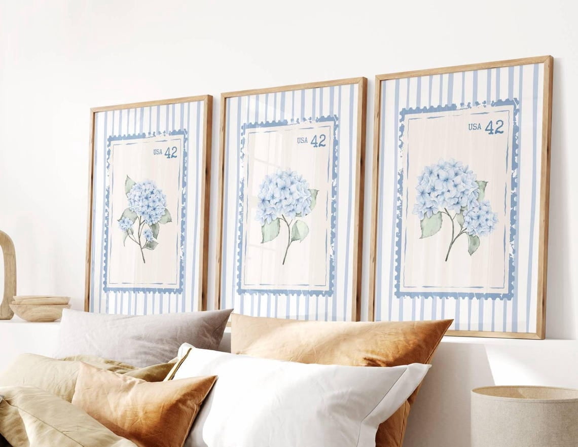 Blue Hydrangea Stamp Prints Coastal Wall Art Preppy Floral Aesthetic ...