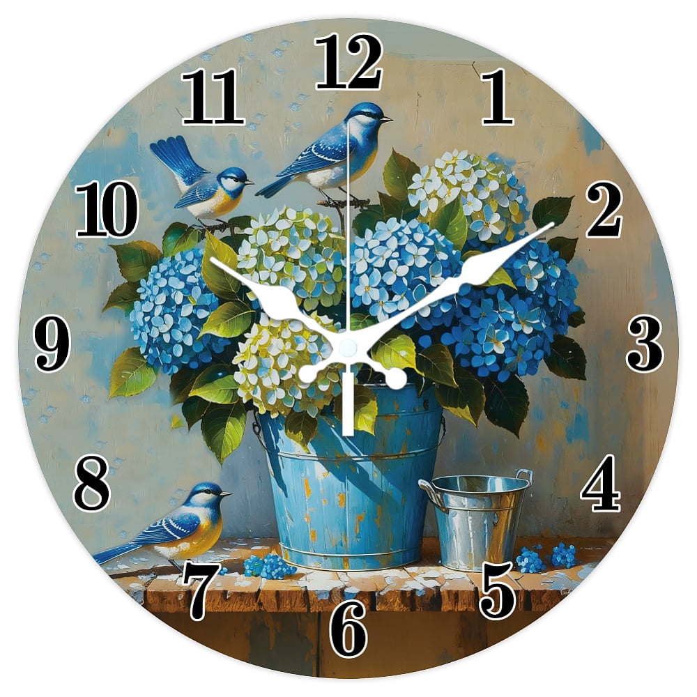 Blue Hydrangea Style Pattern Wall Clock 12 Inch Non-Ticking Blue Bird ...