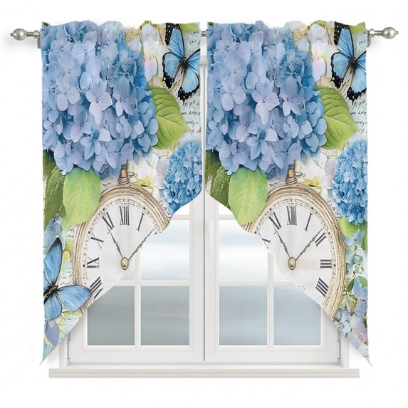 Blue Hydrangea Swag Curtain Valance for Window 2 Panels Vintage Clock ...