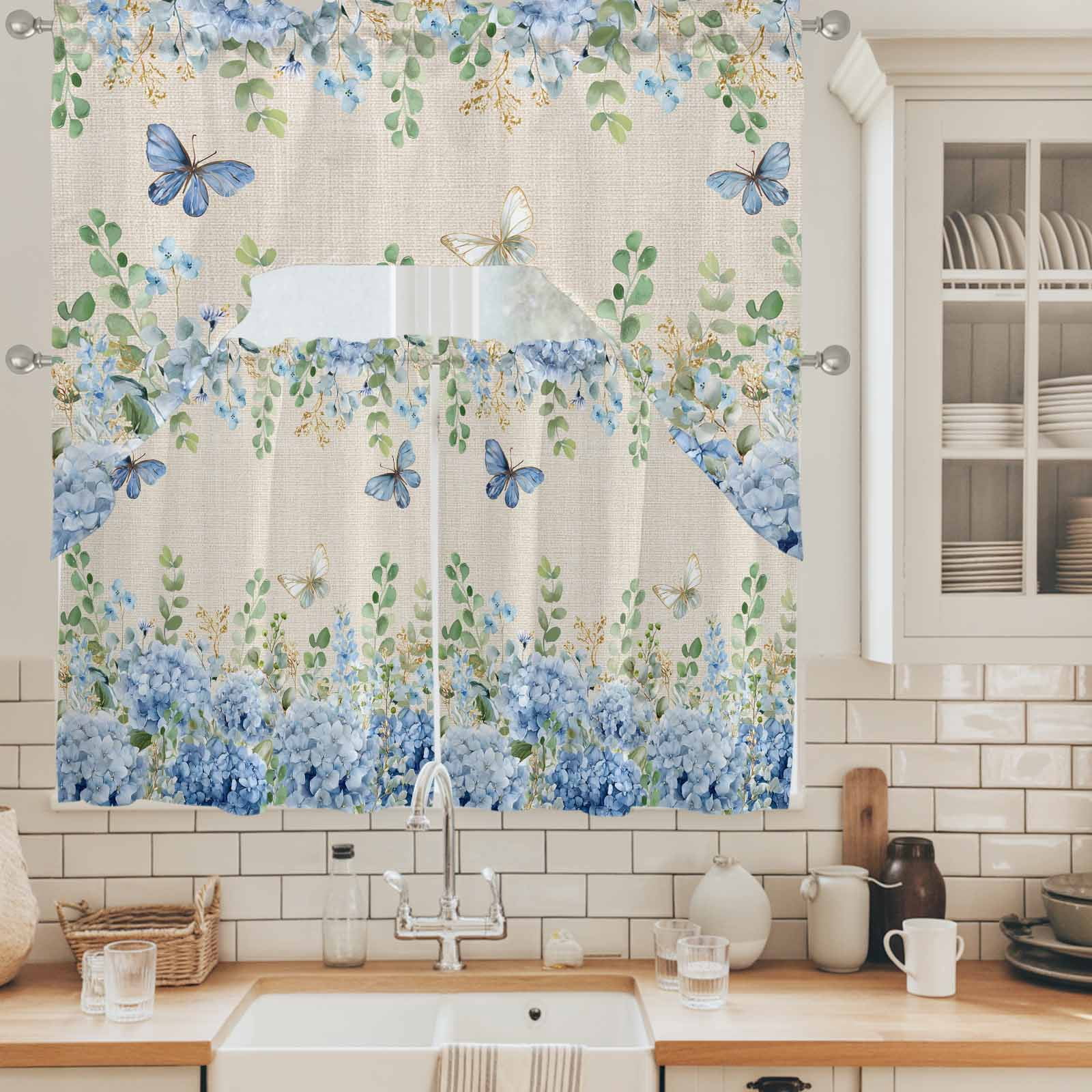 Blue Hydrangea Swag Curtains Valance and Tier Set, Rustic Summer Blue ...