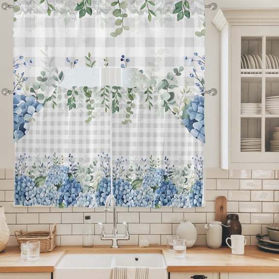 Blue Hydrangea Swag Curtains Valance and Tier Set, Watercolor Spring ...
