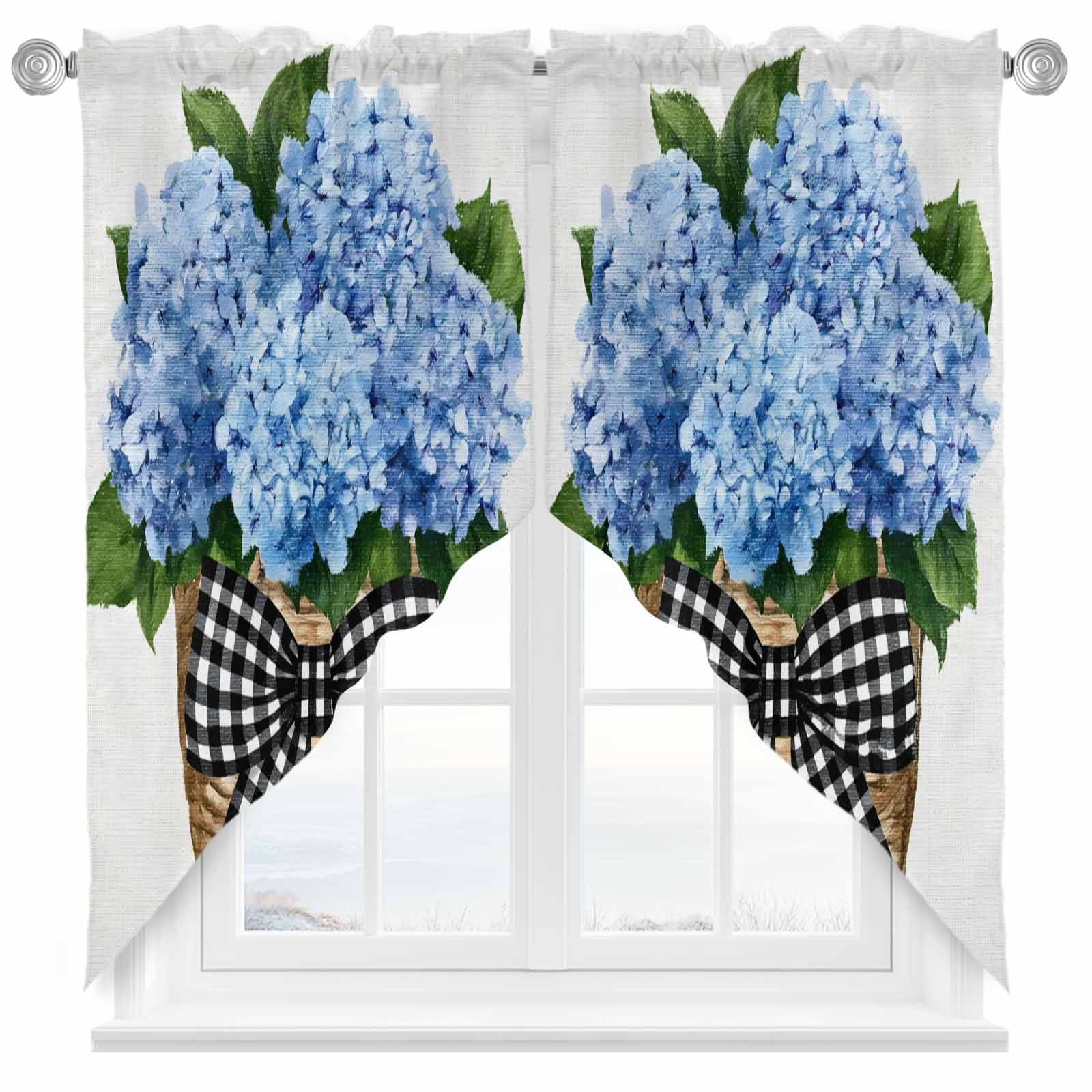 Blue Hydrangea Swag Kitchen Curtain Valances, Floral Leaves Basket ...