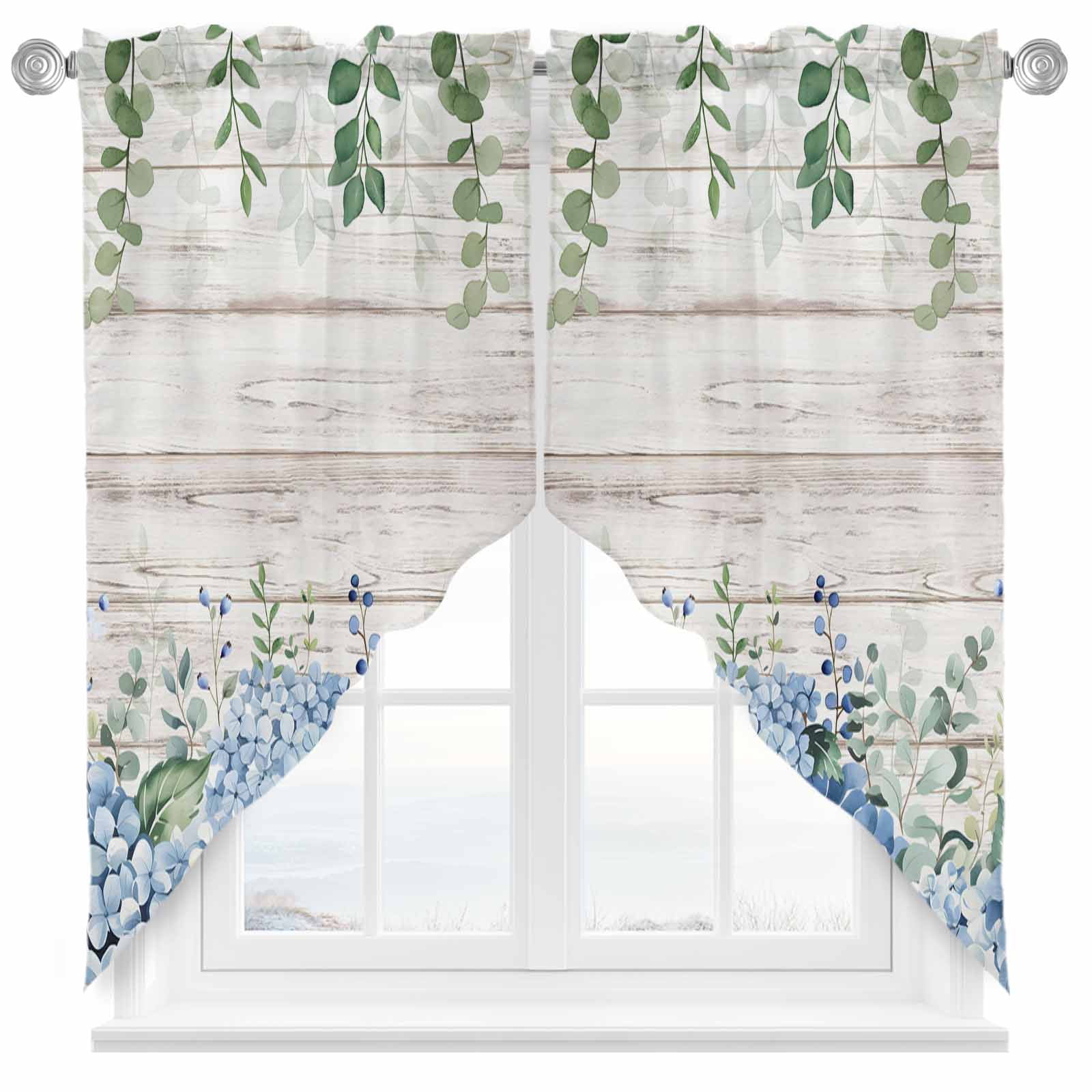 Blue Hydrangea Swag Kitchen Curtain Valances, Watercolor Spring Blue ...