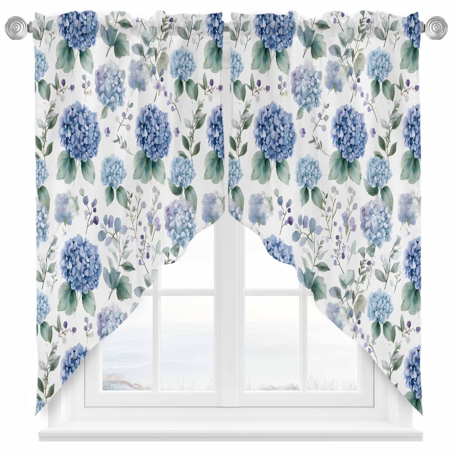 Blue Hydrangea Swag Valances for Windows 2 Pack Eucalyptus Leaves ...