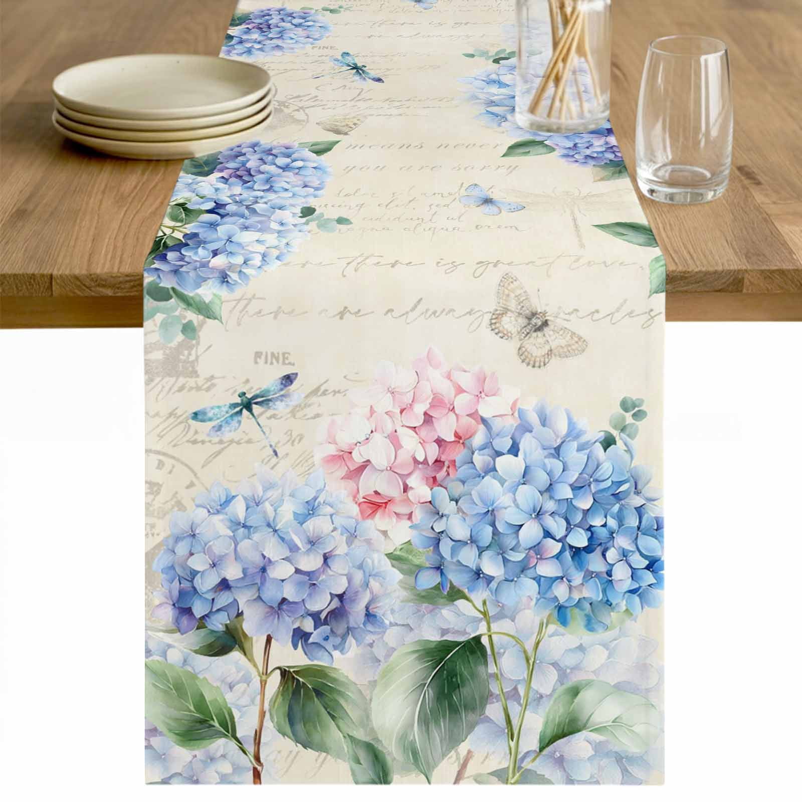 Blue Hydrangea Table Runner - 120 Inch Long Pink Flowers Spring ...