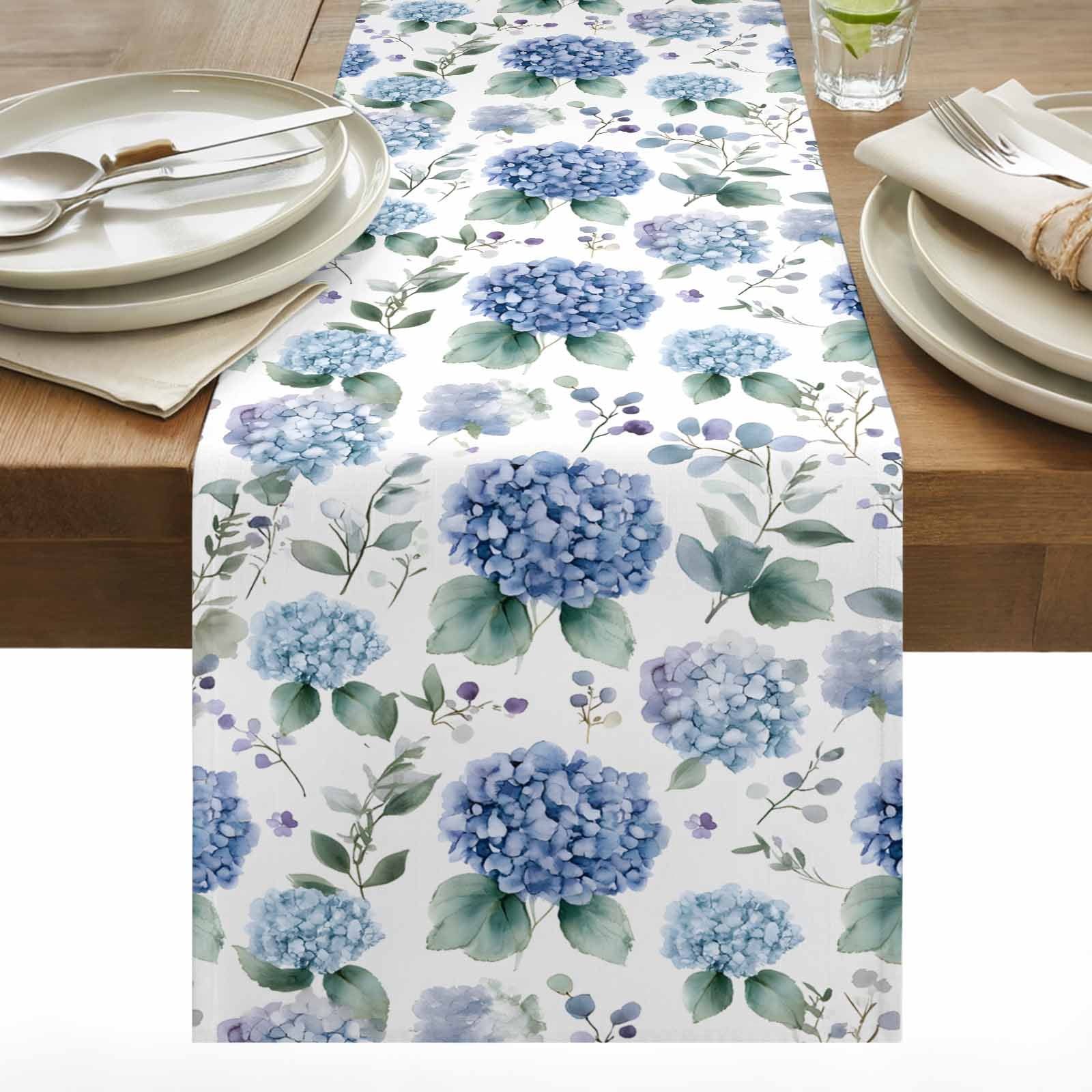 Blue Hydrangea Table Runner 13x36 inch Eucalyptus Leaves Watercolor ...