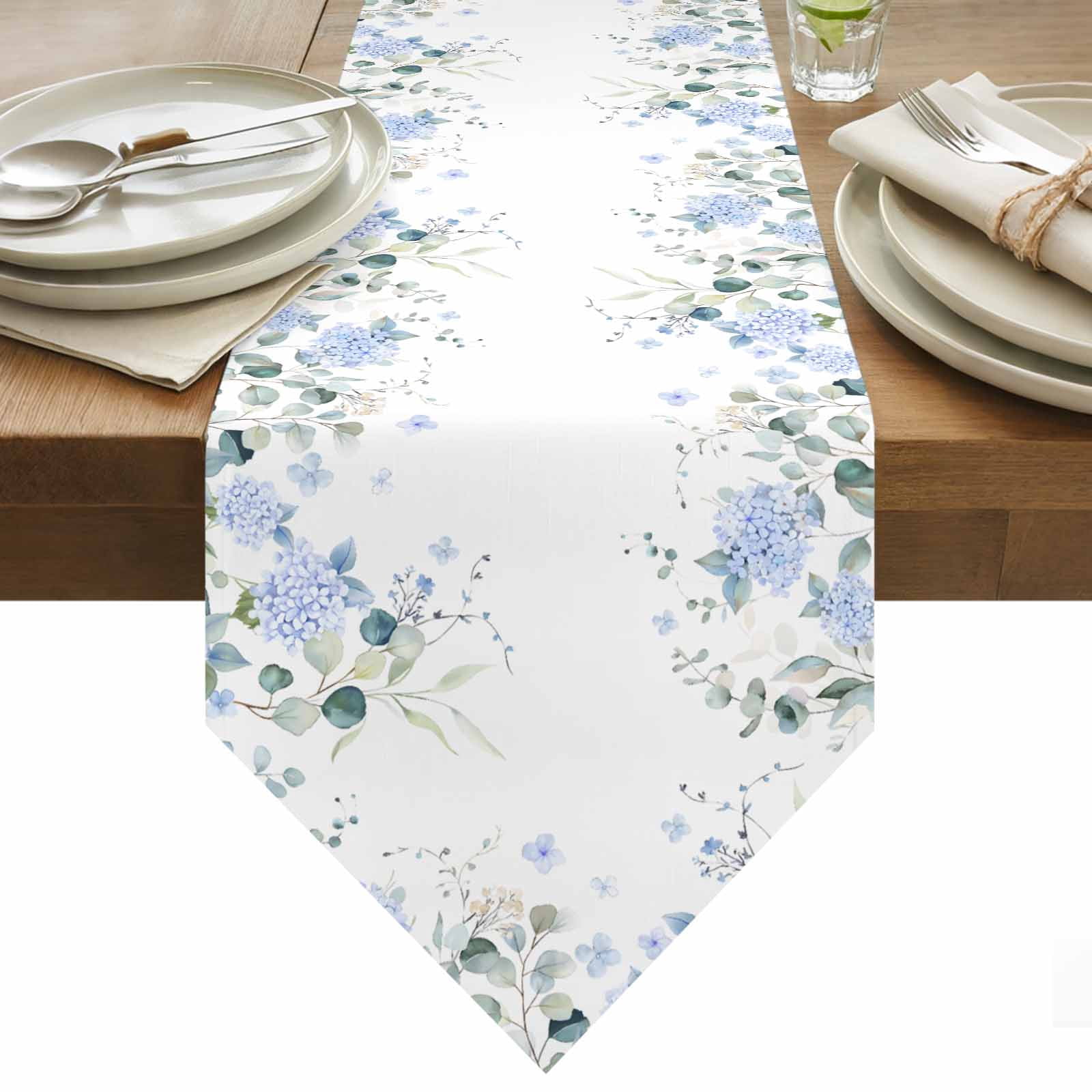 Blue Hydrangea Table Runner 48 Inches Long Country Eucalyptus Leaf ...