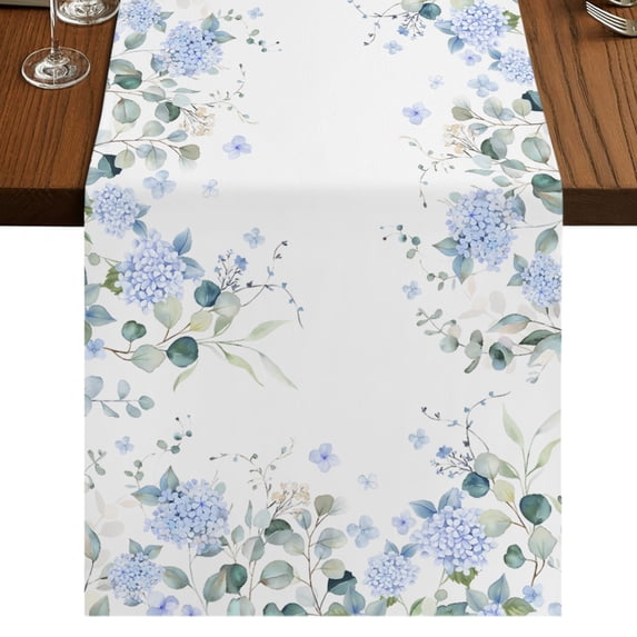Blue Hydrangea Table Runner 72 Inches Long, Country Eucalyptus Leaf ...