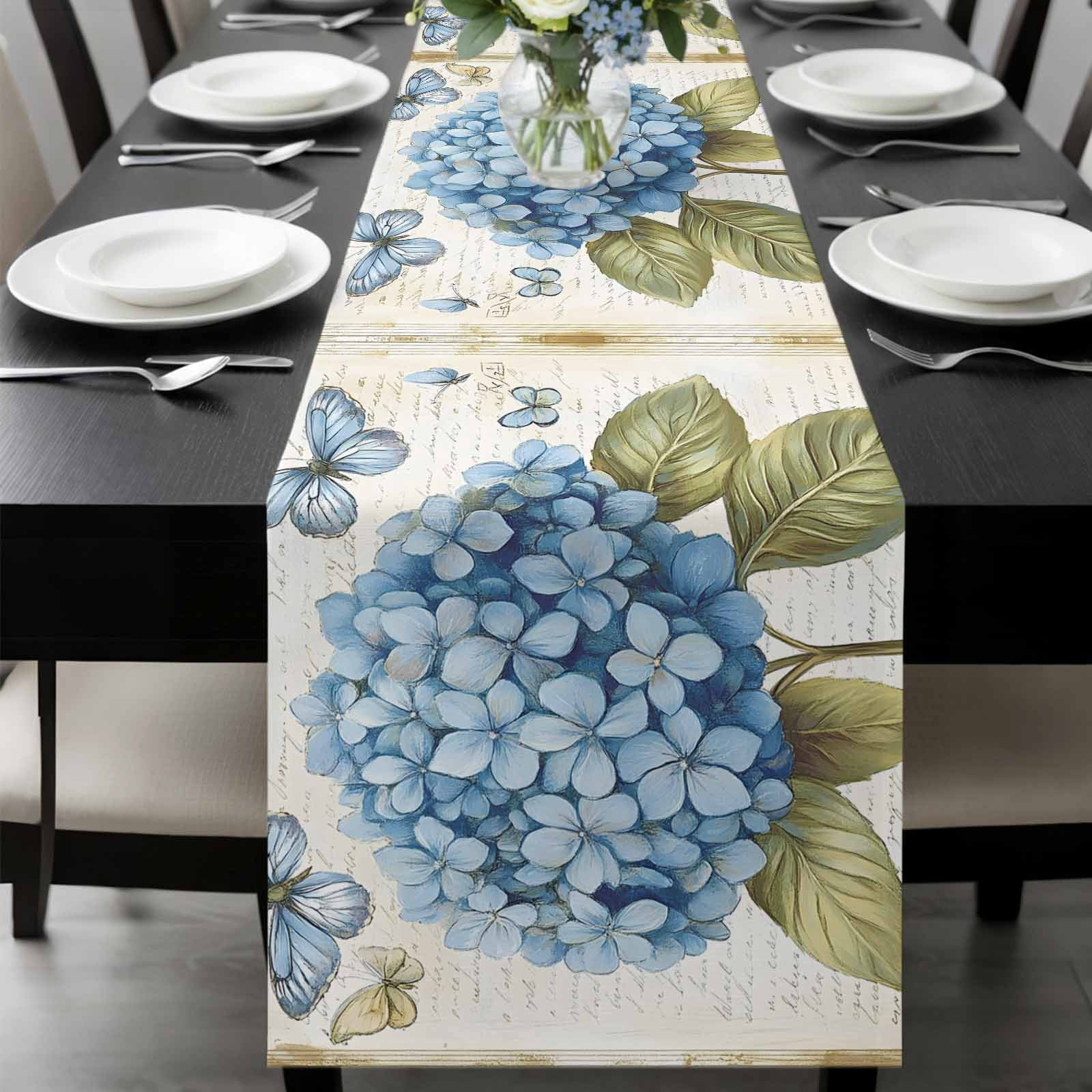 Blue Hydrangea Table Runner 72 Inches Long, Spring Vintage Botanical ...