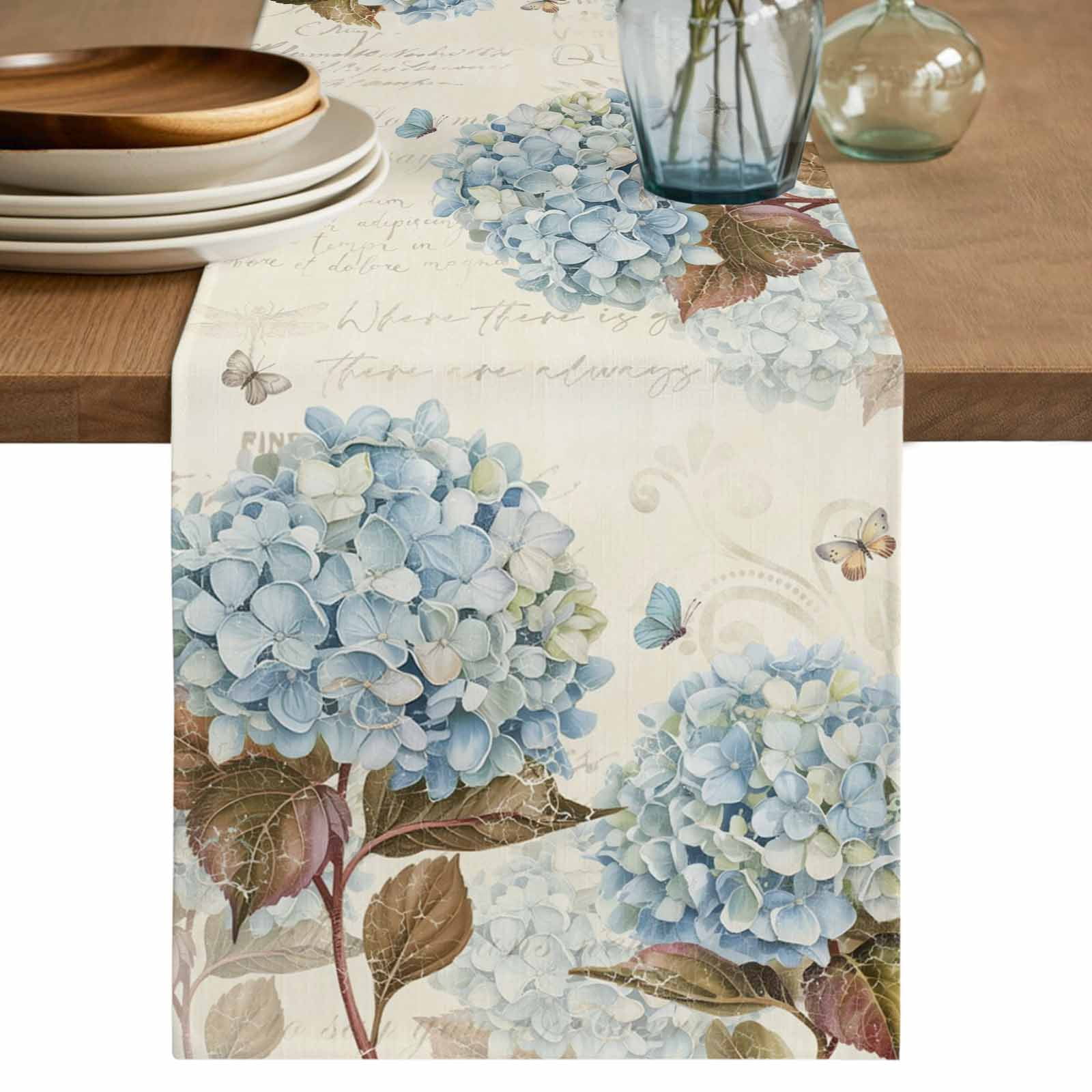 Blue Hydrangea Table Runner 72 Inches, Spring Floral Leaves Butterfly ...