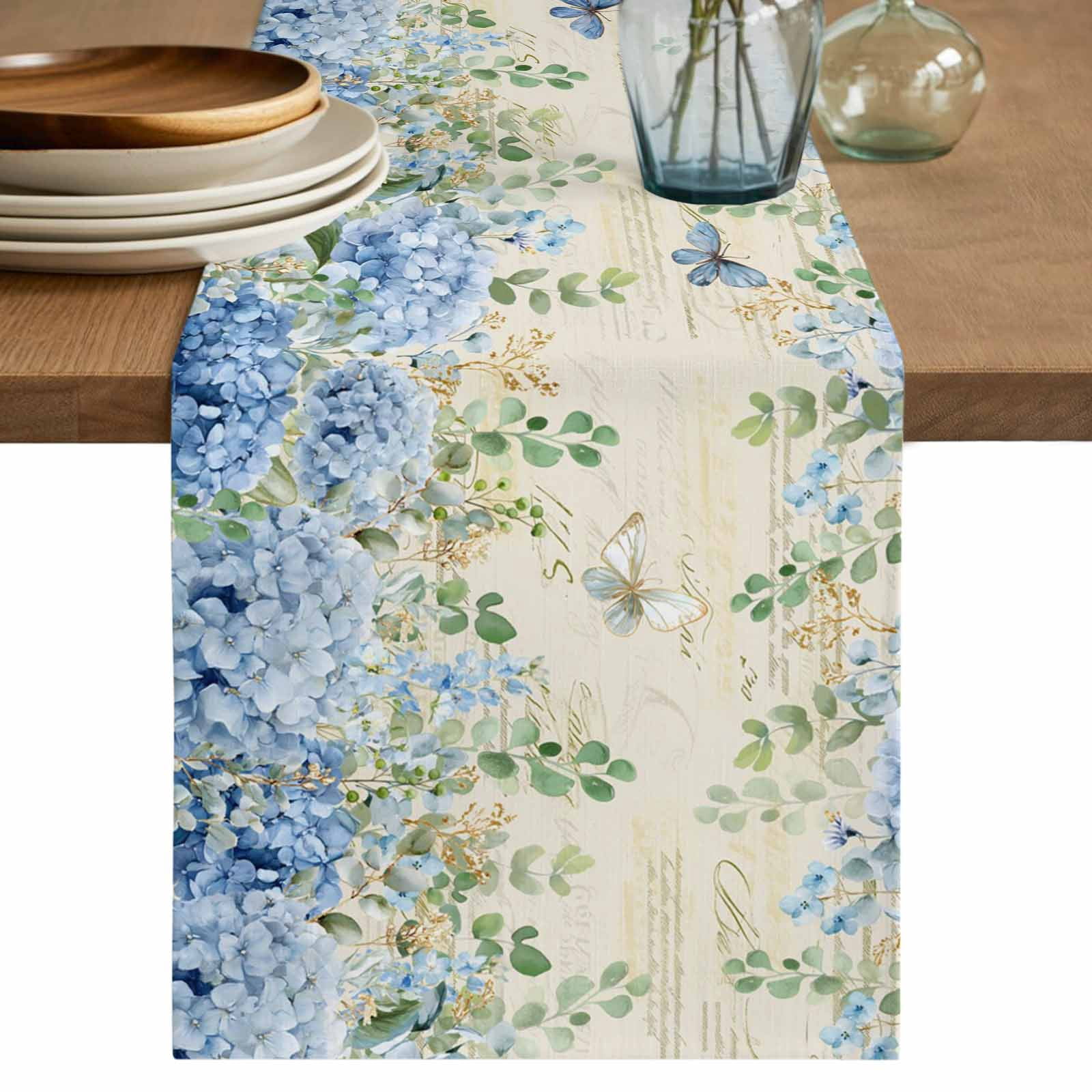 Blue Hydrangea Table Runner 72 Inches, Spring Summer Eucalyptus ...