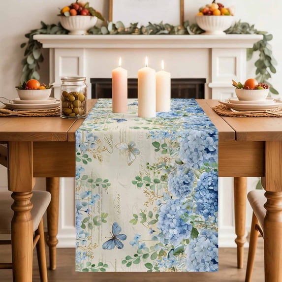Blue Hydrangea Table Runner, Rustic Summer Blue Floral Butterfly Beige ...