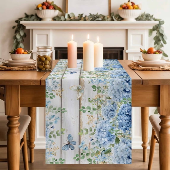 Blue Hydrangea Table Runner, Rustic Summer Blue Floral Butterfly Wood ...