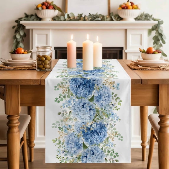 Blue Hydrangea Table Runner, Rustic Summer Blue Floral Leaf Washable ...