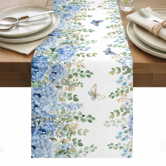 Blue Hydrangea Table Runner Spring Summer Eucalyptus Leaves Butterfly ...