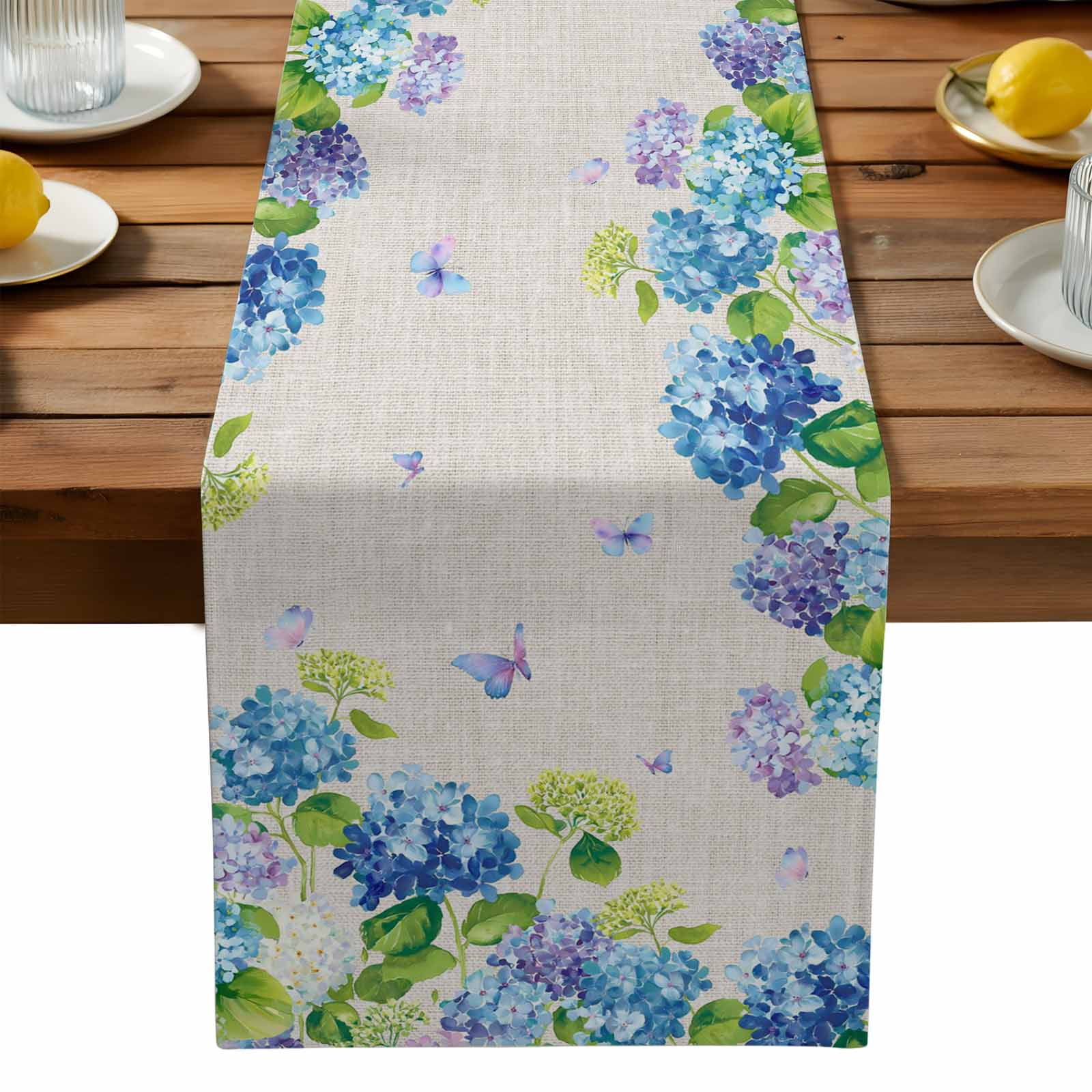 Blue Hydrangea Table Runner, Watercolor Blue Purple Flower Butterfly ...