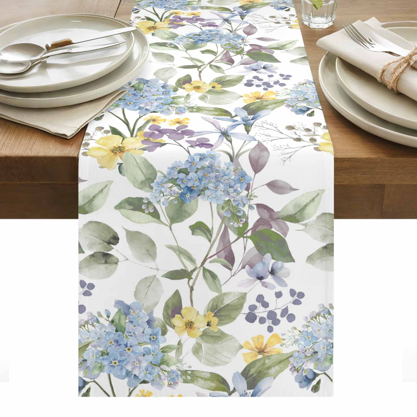 Blue Hydrangea Table Runner Watercolor Spring Yellow Floral Green Leaf ...