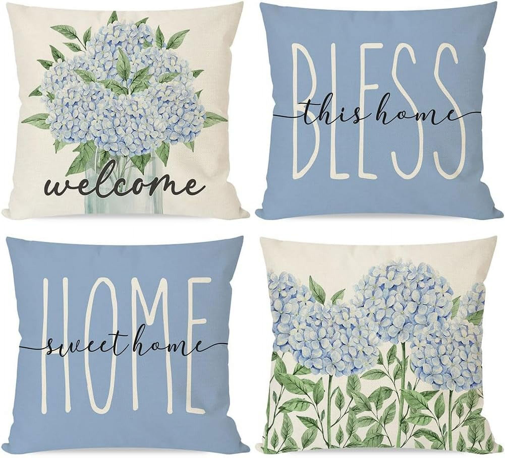 Blue Hydrangea Throw Pillow Covers 18x18 Inch Bless This Home Sweet ...