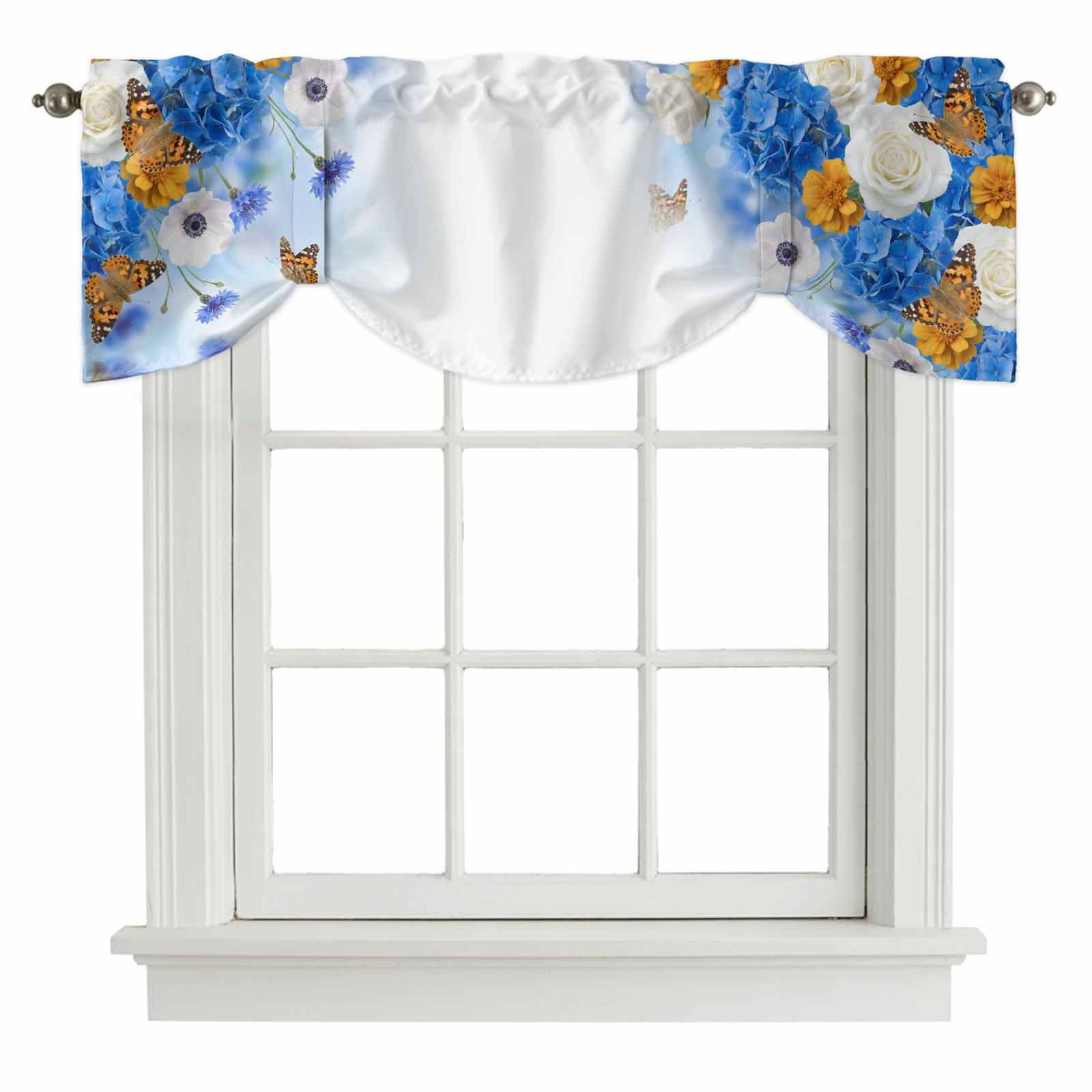 Blue Hydrangea Tie Up Valance Curtains White Orange Flowers Butterflies ...