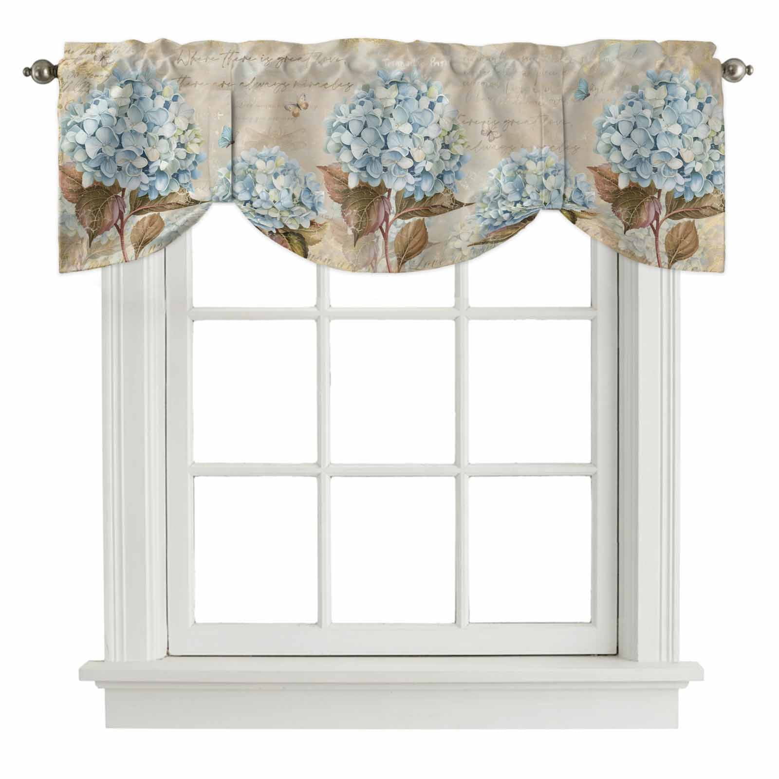 Blue Hydrangea Tie Up Valance Curtains for Windows, Kitchen Curtains ...