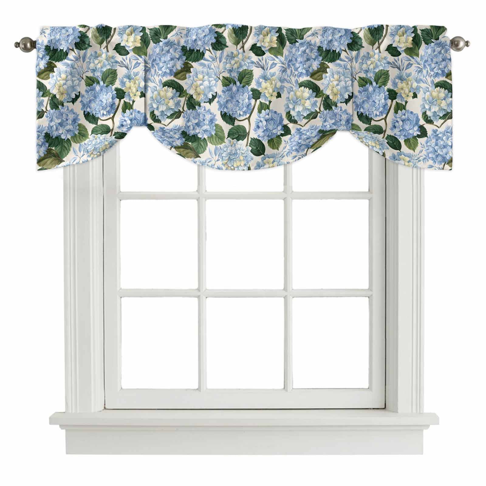 Blue Hydrangea Tie Up Valance for Windows, Floral Country Farmhouse ...