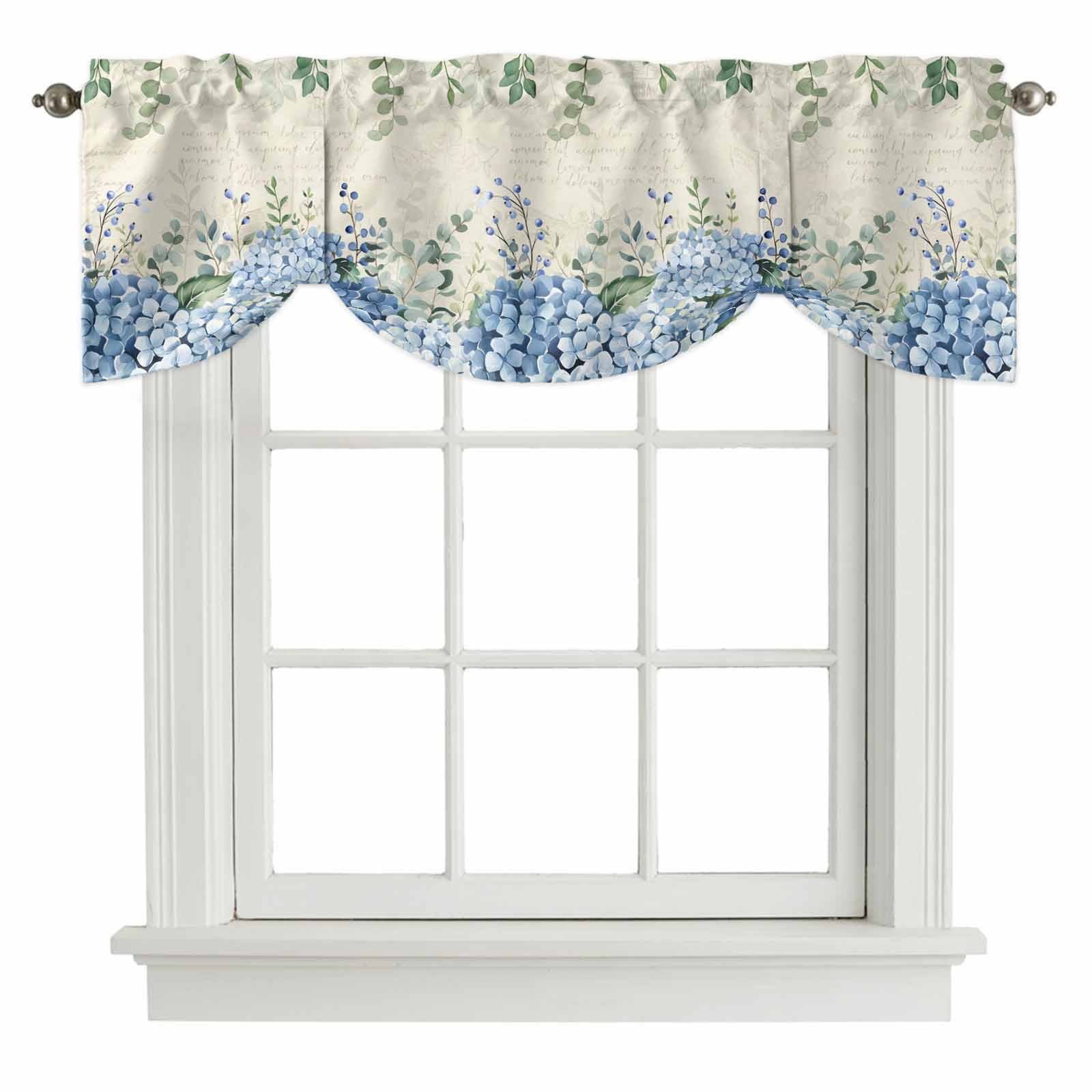 Blue Hydrangea Tie Up Valance for Windows, Watercolor Spring Blue ...