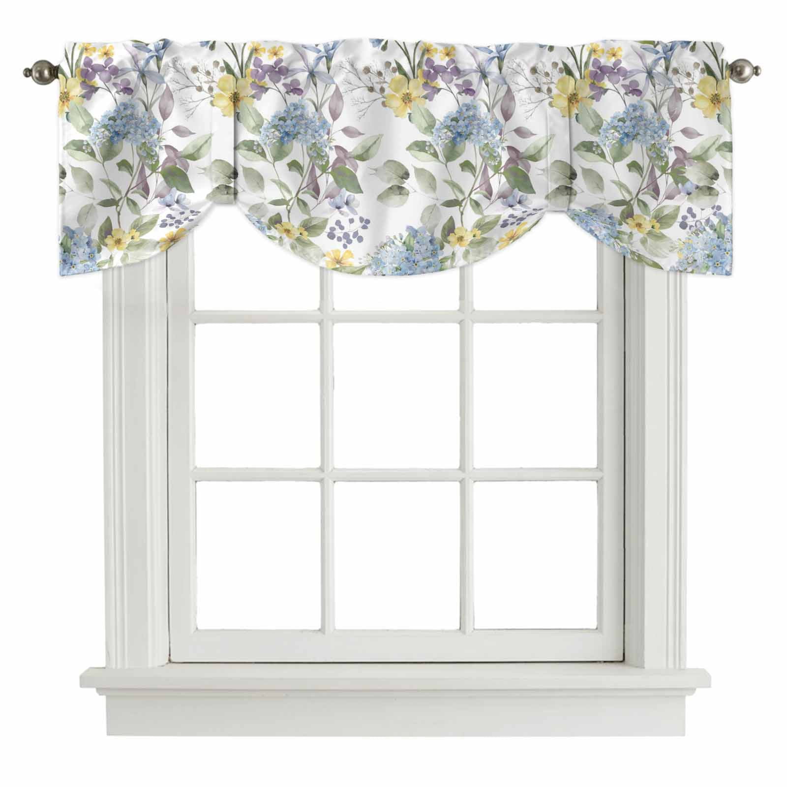 Blue Hydrangea Tie Up Valance for Windows, Watercolor Spring Yellow Floral Green Leaf Adjustable ...