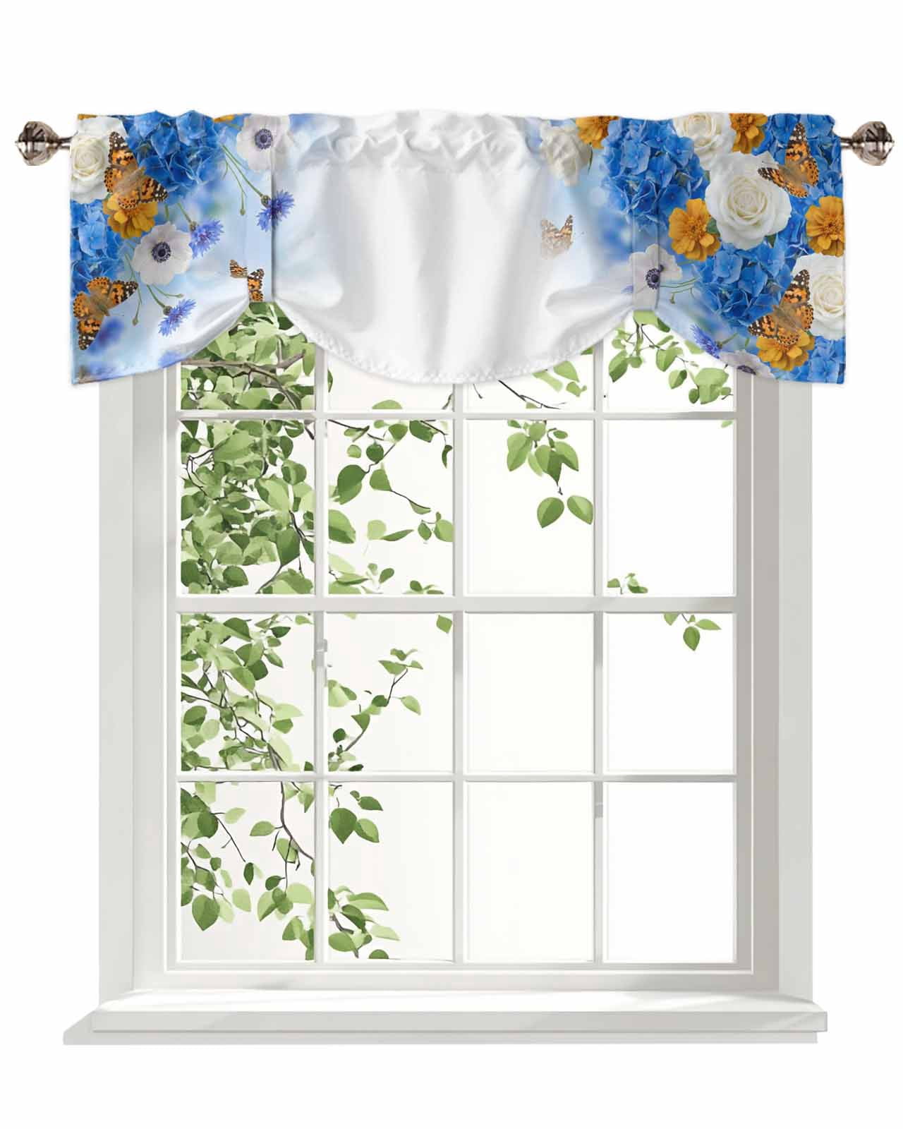 Blue Hydrangea Tie Up Valances Curtain, White Orange Flowers ...