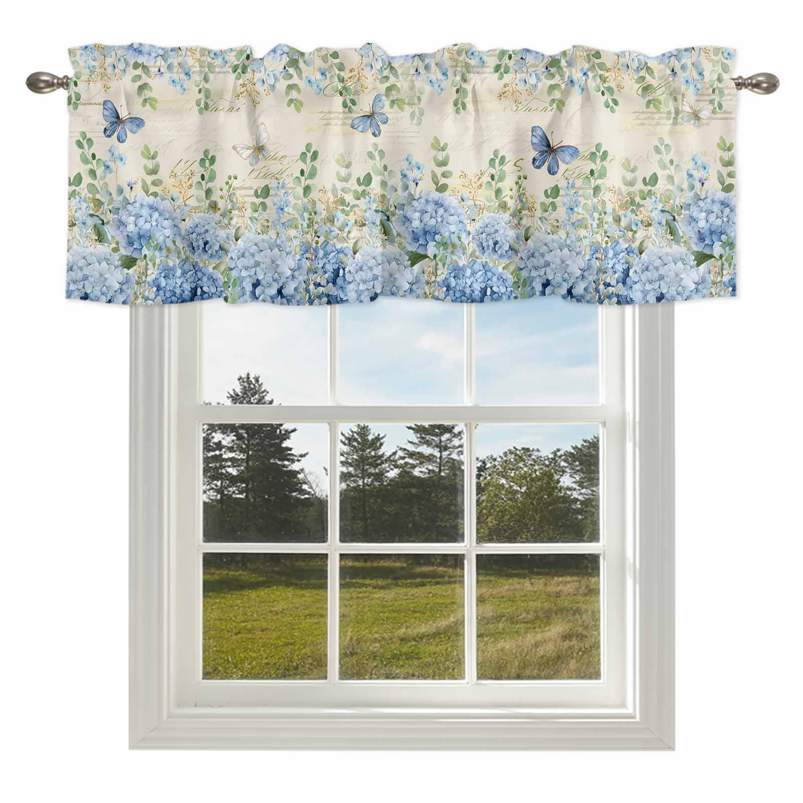 Blue Hydrangea Valances for Windows, 60x18in, Rustic Summer Blue Floral ...