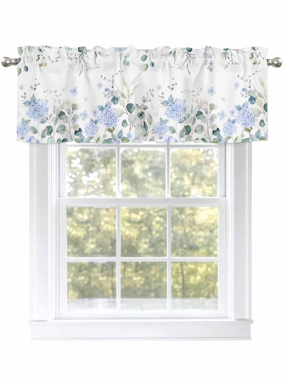 Blue Hydrangea Valances for Windows Country Eucalyptus Leaf Floral Rod Pocket Curtains Valance ...