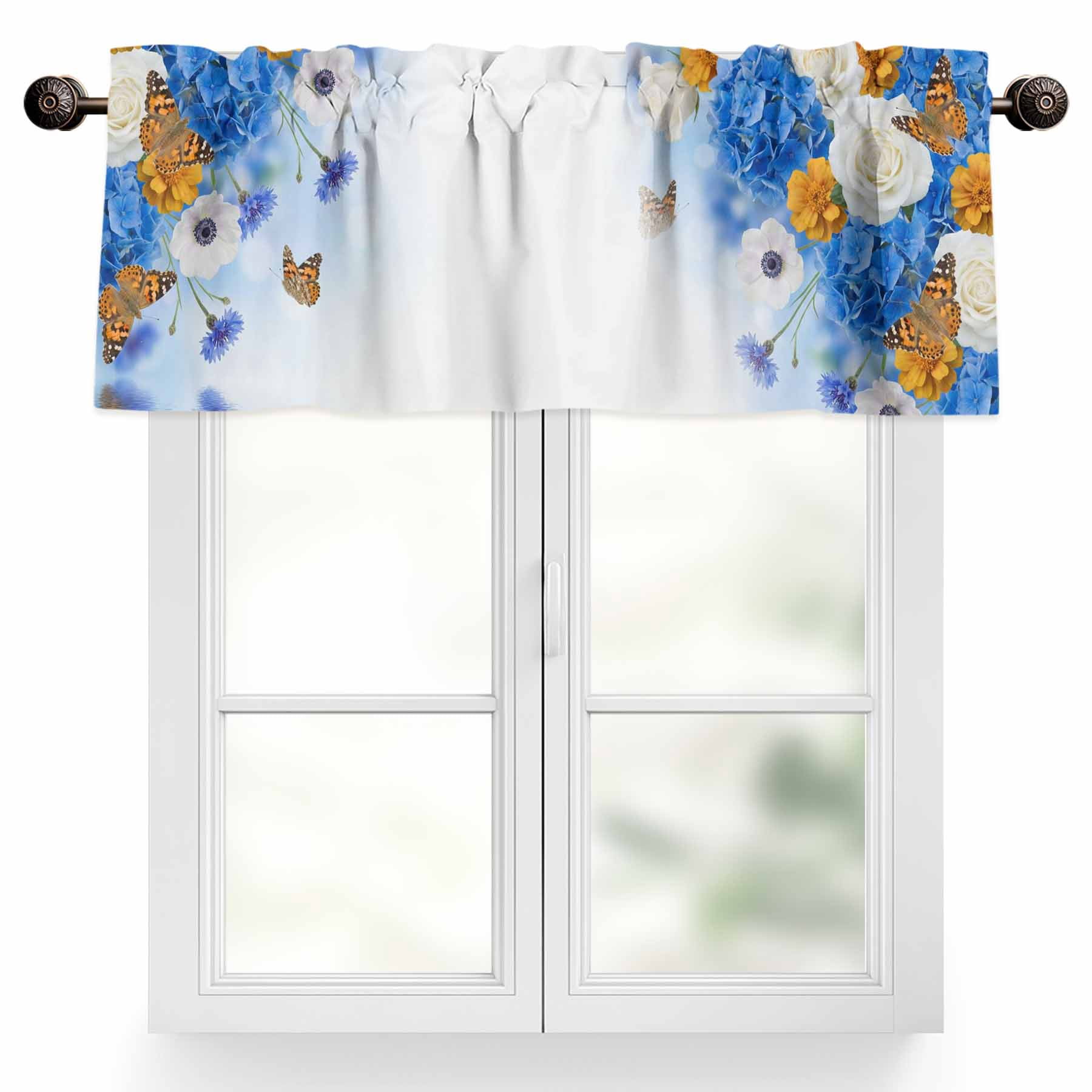 Blue Hydrangea Valances for Windows White Orange Flowers Butterflies ...