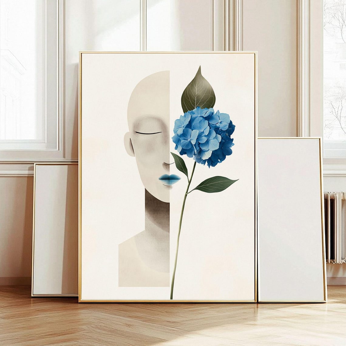 Blue Hydrangea Wall Art , Retro Minimalistic Bedroom Decor, Light Grey ...