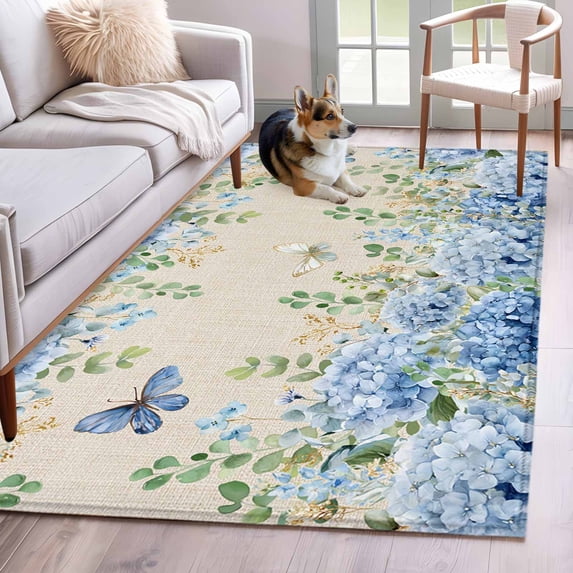 Blue Hydrangea Washable Area Rug 4x6 Rustic Summer Blue Floral ...