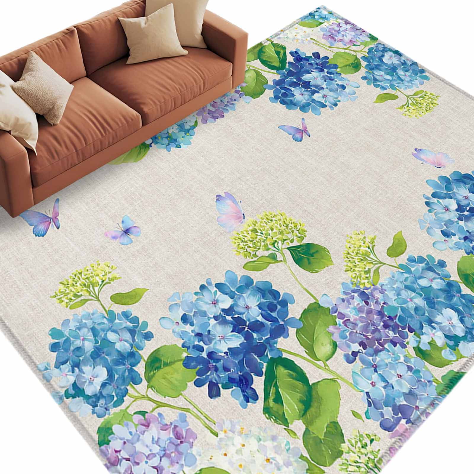 Blue Hydrangea Washable Area Rug 5 x 7 ft Watercolor Blue Purple Flower ...
