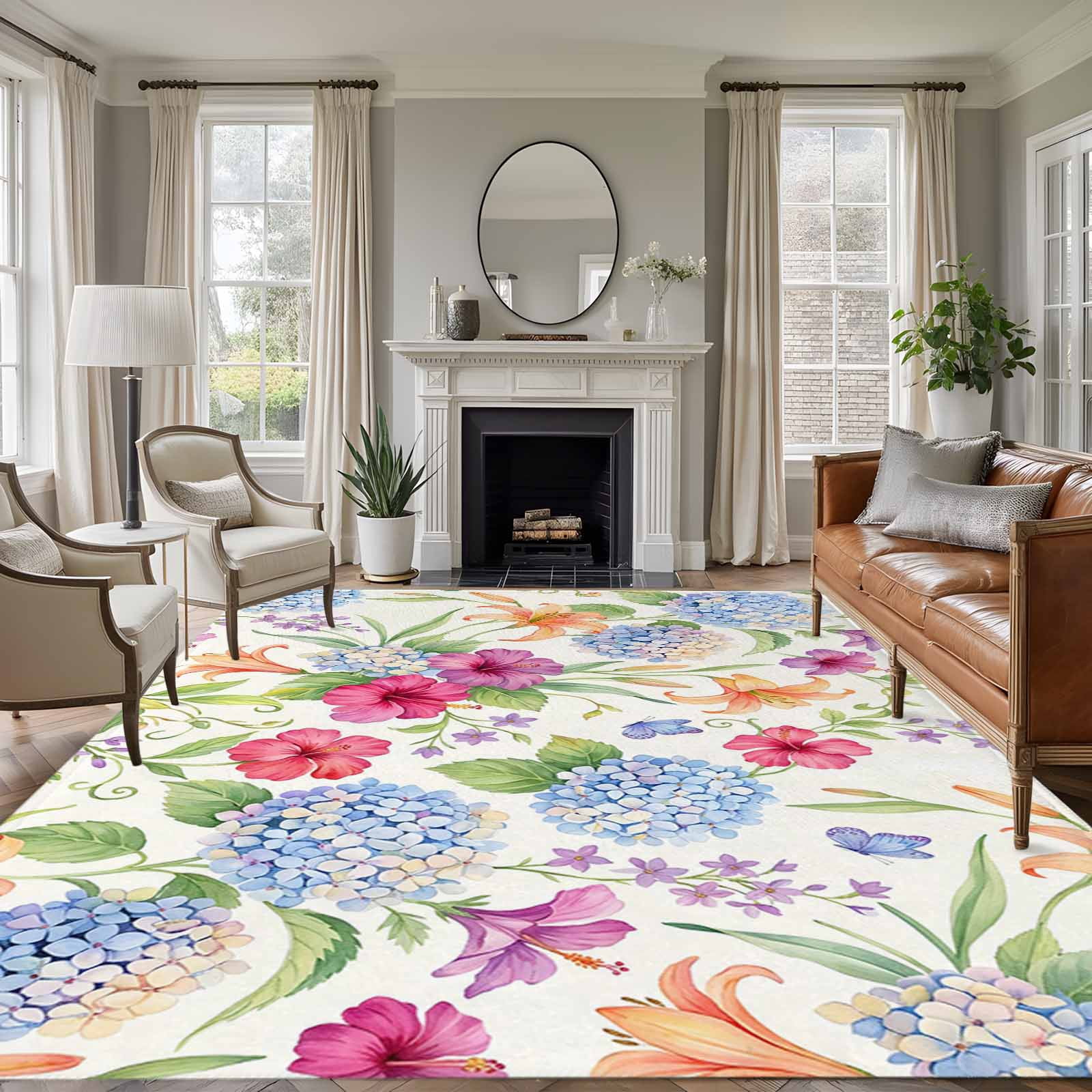 Blue Hydrangea Washable Area Rug 6 x 9 ft Orange Lily Red Purple Flower ...