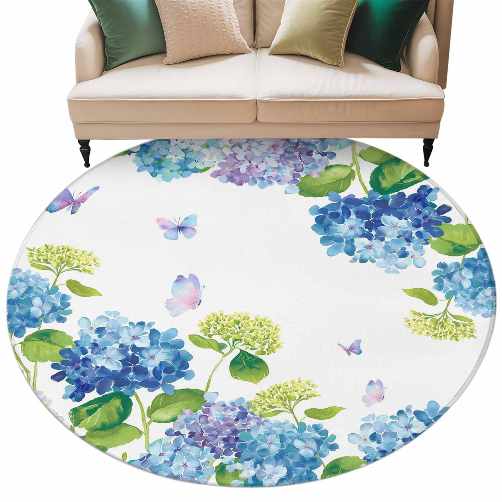 Blue Hydrangea Washable Round Area Rug 5 ft, Watercolor Blue Purple ...