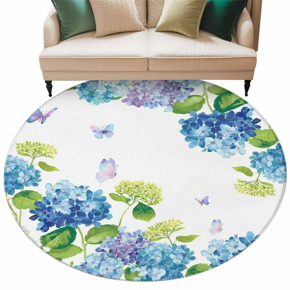 Blue Hydrangea Washable Round Area Rug 5 ft, Watercolor Blue Purple Flower Green Leaf Butterfly ...