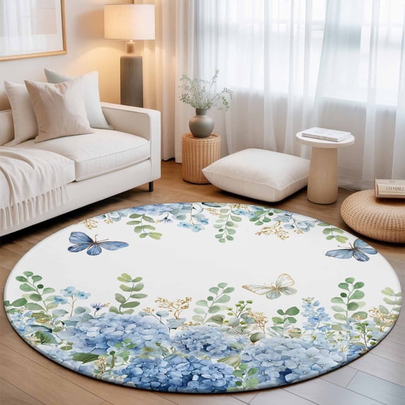 Blue Hydrangea Washable Round Area Rug 6 ft, Rustic Summer Blue Floral ...