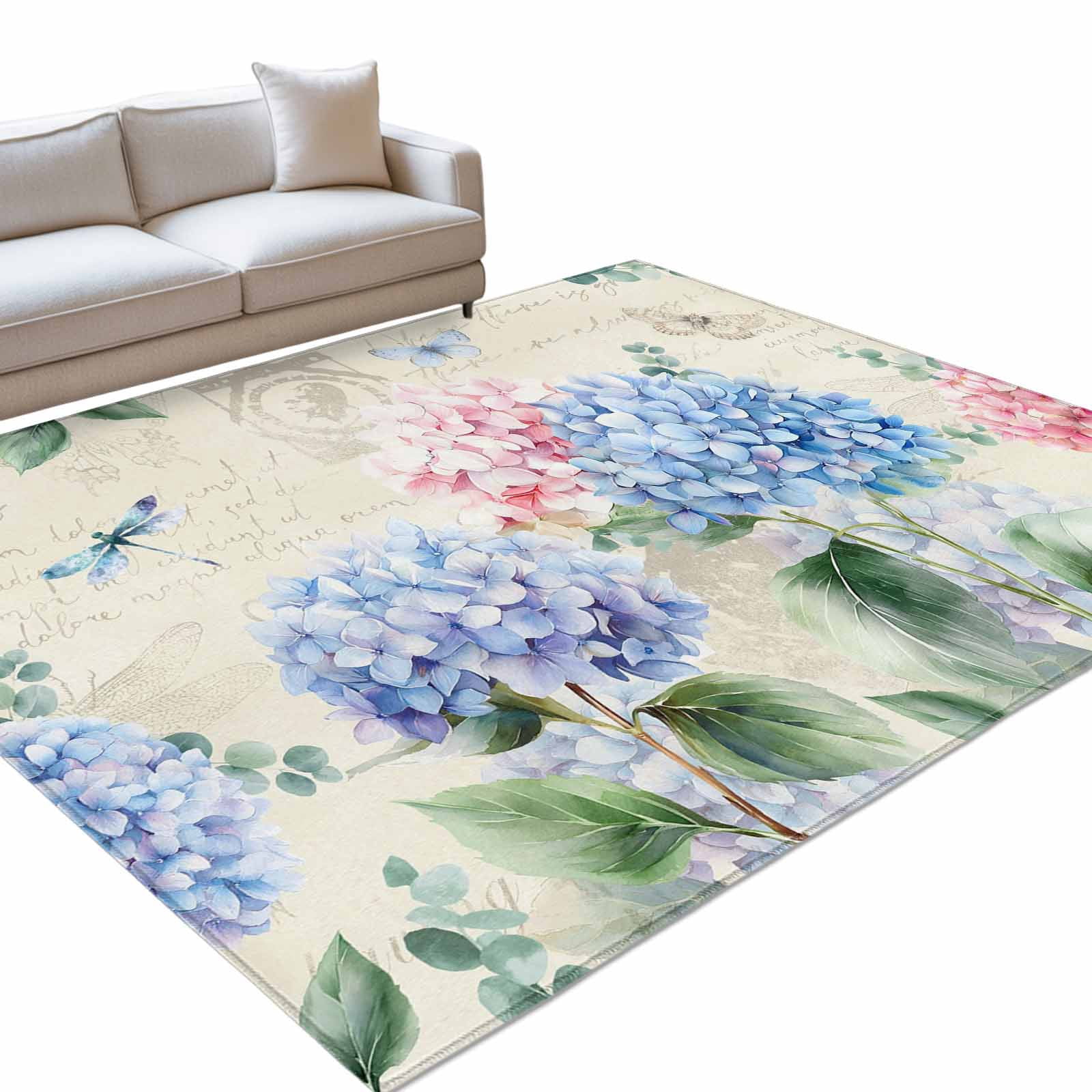 Blue Hydrangea Washable Rug 5x7 Area Rug for Living Room Bedroom Non ...