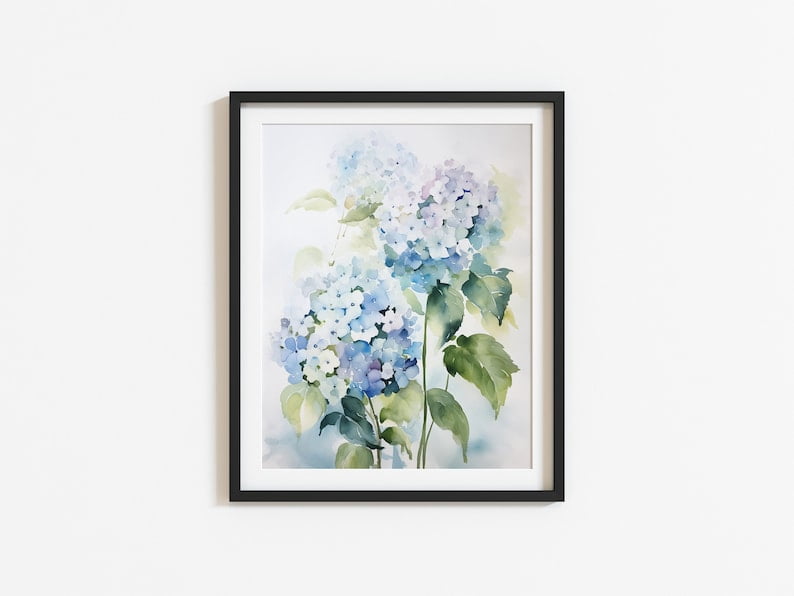 Blue Hydrangea Watercolor Botanical Wall Art Poster Soft Floral ...