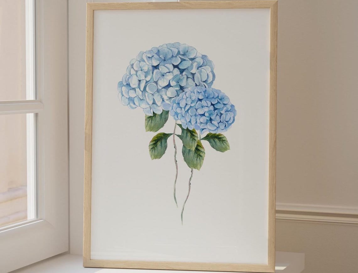 Blue Hydrangea Watercolor Painting Minimalist Nursery Wall Art Blue ...