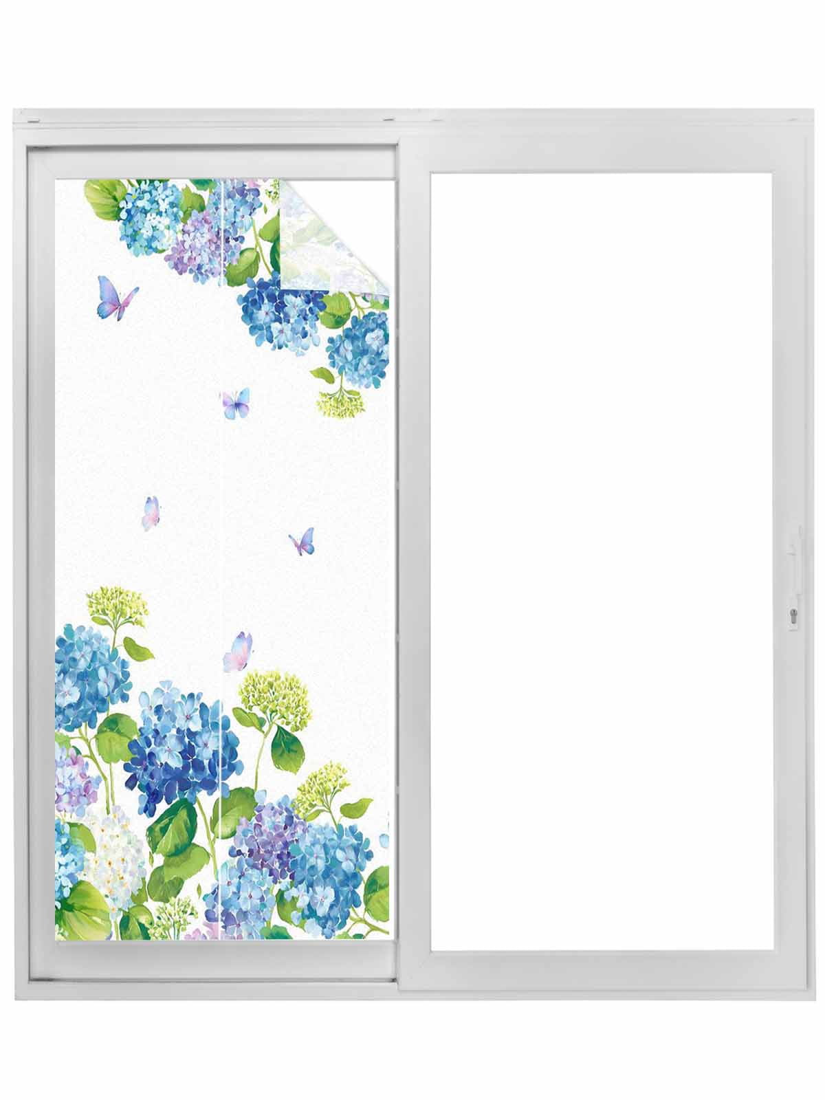 Blue Hydrangea Window Privacy Film, Farmhouse Butterfly Spring Floral ...