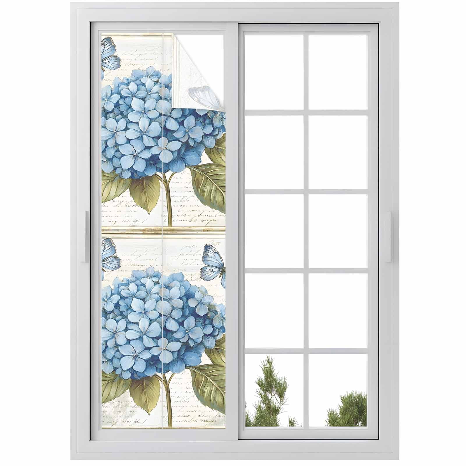 Blue Hydrangea Window Privacy Film, Spring Vintage Botanical Butterfly ...