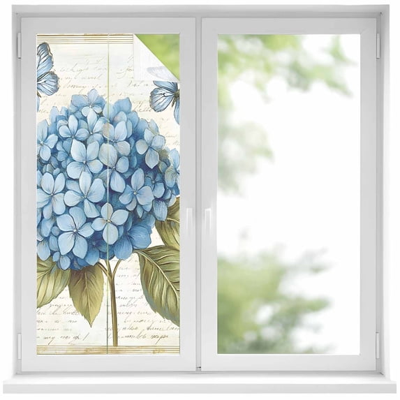 Blue Hydrangea Window Privacy Film, Spring Vintage Botanical Butterfly ...