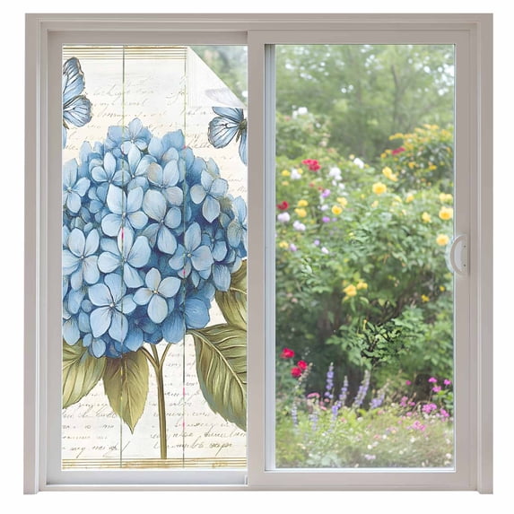 Blue Hydrangea Window Privacy Film, Spring Vintage Botanical Butterfly ...