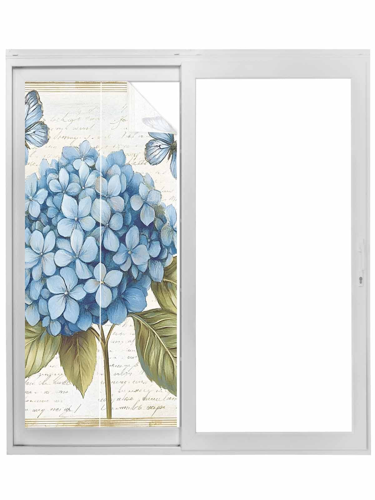 Blue Hydrangea Window Privacy Film, Spring Vintage Botanical Butterfly ...
