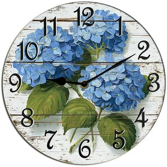 Blue Hydrangea Wooden Silent Non-Ticking Round 10" Wall Clock Summer ...