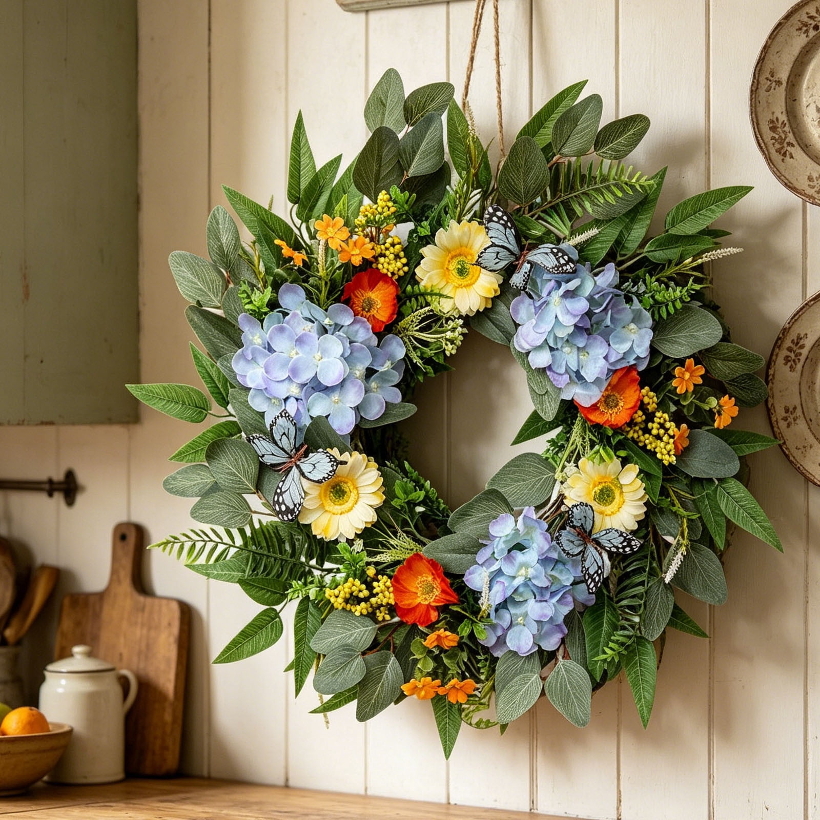 Blue Hydrangea & Yellow Bloom Butterfly Wreath, Rich Multi-Flower ...