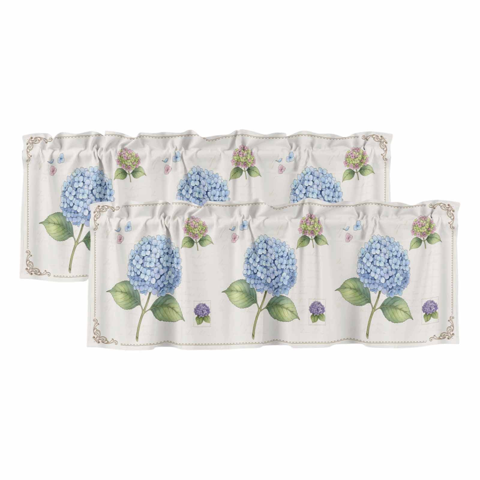 Blue Hydrangeas 2 Panels Kitchen Valance, Country Pastoral Watercolor ...