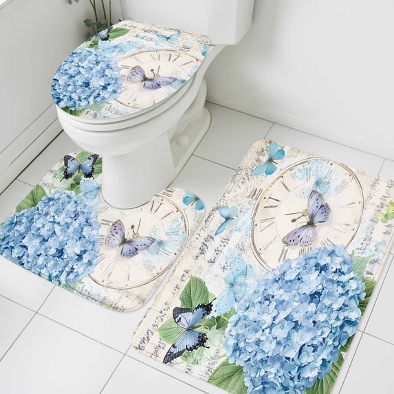 Blue Hydrangeas Bathroom Rugs Set Vintage Butterfly Clock Floral Flower ...